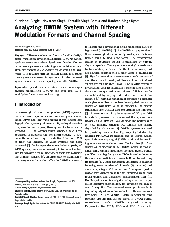 Pdf Analyzing Dwdm System With Different Modulation Formats And