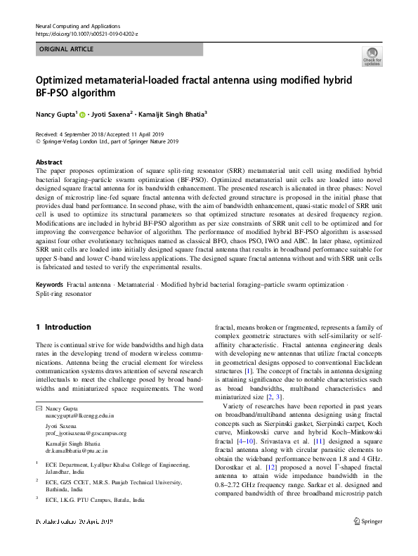 Pdf Optimized Metamaterial Loaded Fractal Antenna Using Modified Hybrid Bf Pso Algorithm