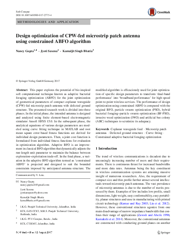 (PDF) Design optimization of CPW-fed microstrip patch antenna using constrained ABFO algorithm