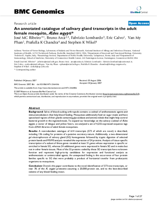 (PDF) An annotated catalogue of salivary gland transcripts in the adult female mosquito, Ædes ...