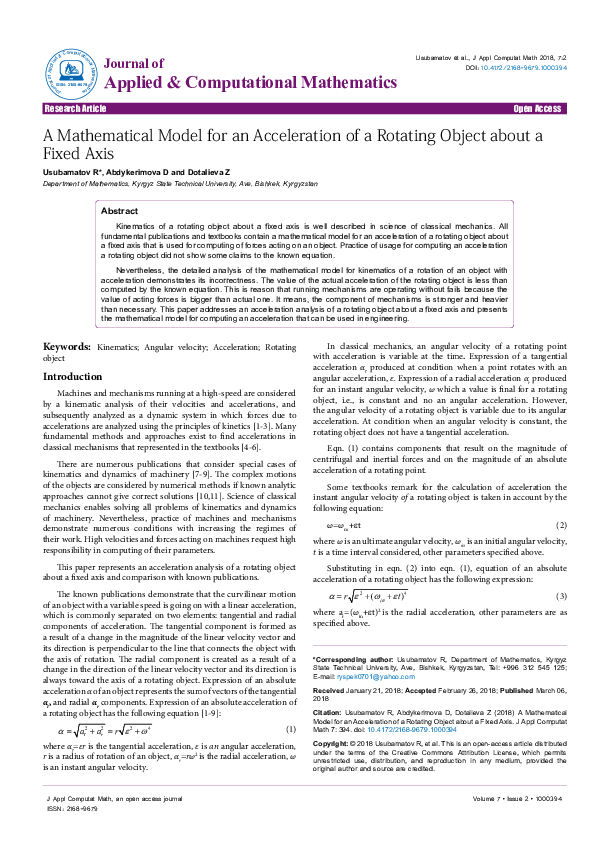 (PDF) A Mathematical Model for an Acceleration of a Rotating Object about a Fixed Axis