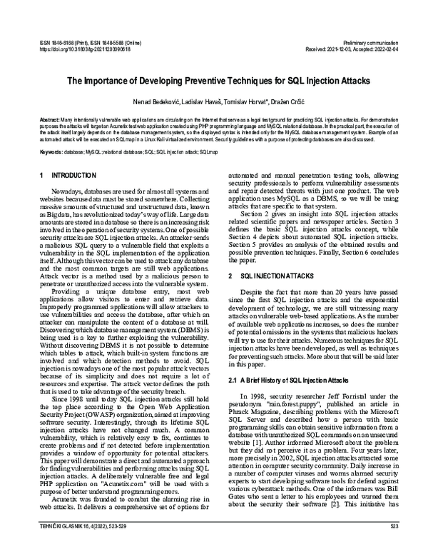 Pdf The Importance Of Developing Preventive Techniques For Sql