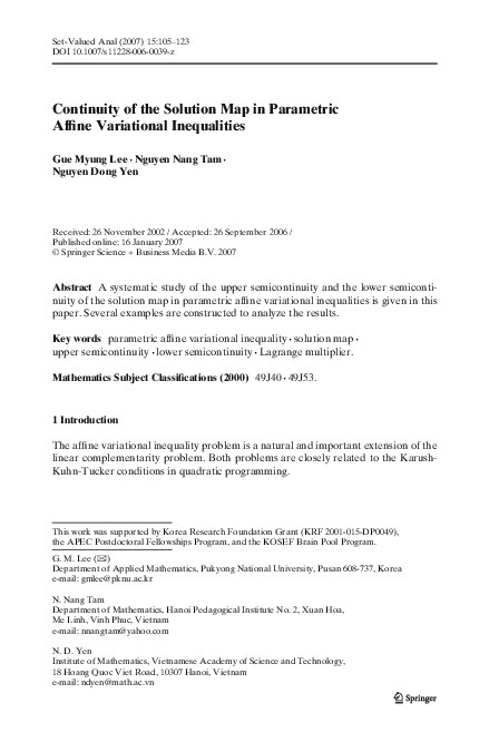 (PDF) Continuity of the Solution Map in Parametric Affine Variational Inequalities