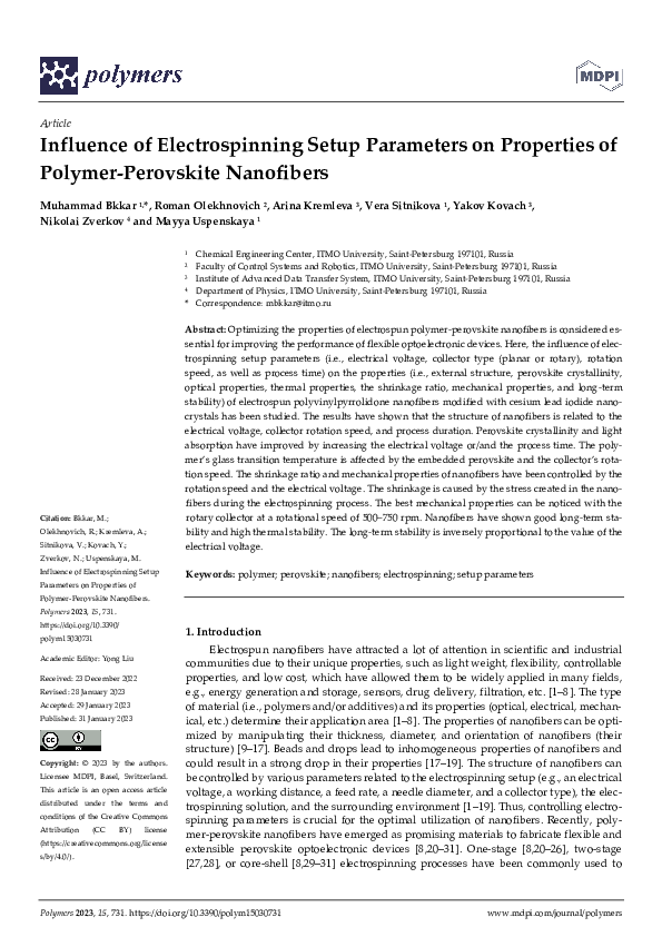 (PDF) Influence of Electrospinning Setup Parameters on Properties of Polymer-Perovskite Nanofibers