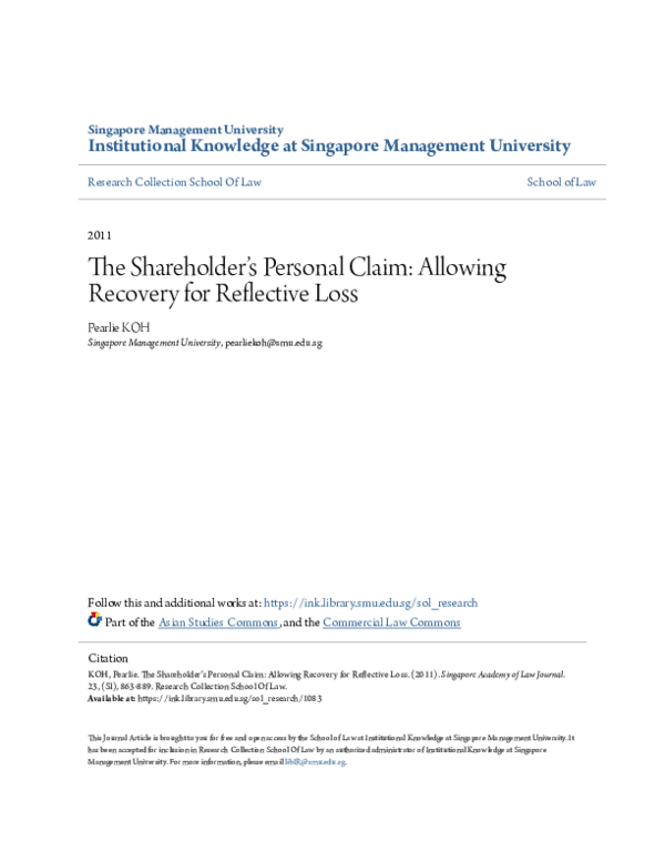 (PDF) The Shareholder’s Personal Claim – Allowing Recovery for ...