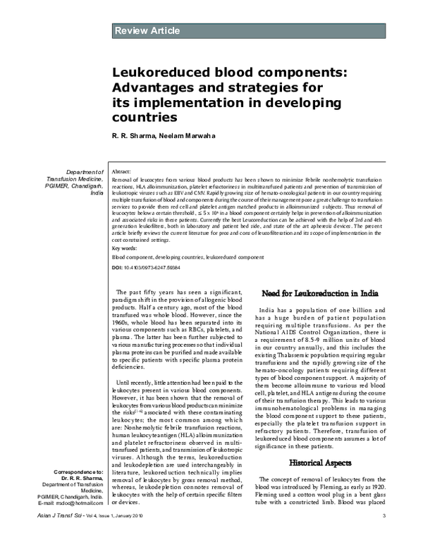 (PDF) Leukoreduced blood components: Advantages and strategies for its ...