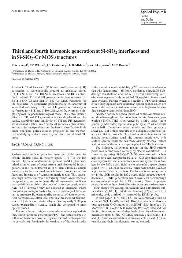 (PDF) Third and fourth harmonic generation at Si-SiO 2 interfaces and in Si-SiO 2 -Cr MOS structures