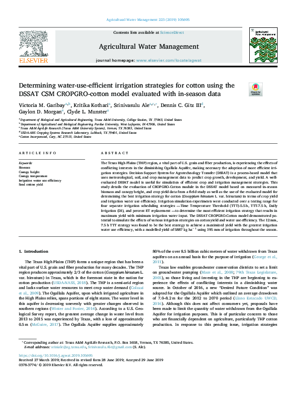 Pdf Determining Water Use Efficient Irrigation Strategies For Cotton Using The Dssat Csm