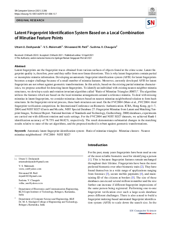 Pdf Latent Fingerprint Identification System Based On A Local Combination Of Minutiae Feature