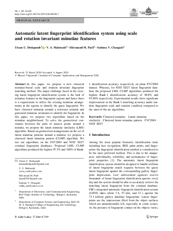 Pdf Automatic Latent Fingerprint Identification System Using Scale And Rotation Invariant