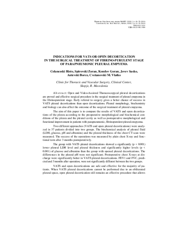 (PDF) Indications for VATS or open decortication in the surgical ...