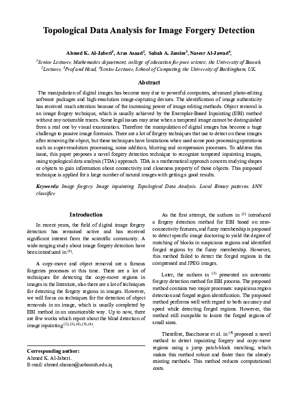 (PDF) Topological Data Analysis for Image Forgery Detection