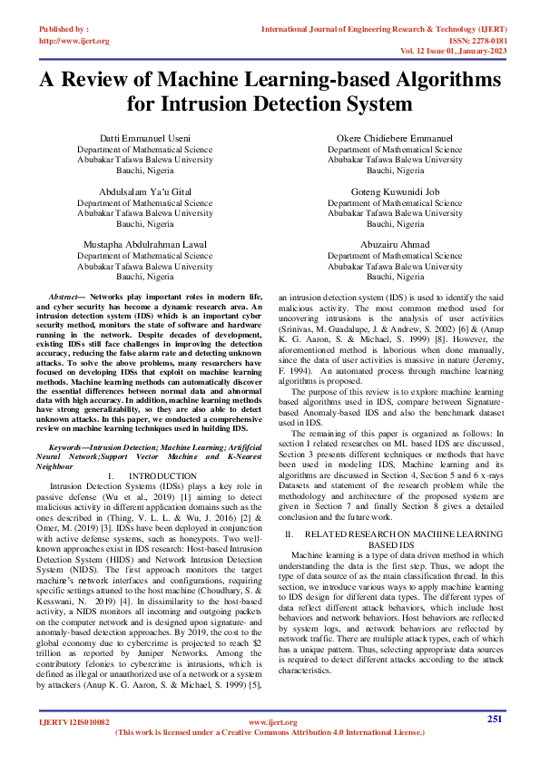 Pdf A Review Of Machine Learning Based Algorithms For Intrusion