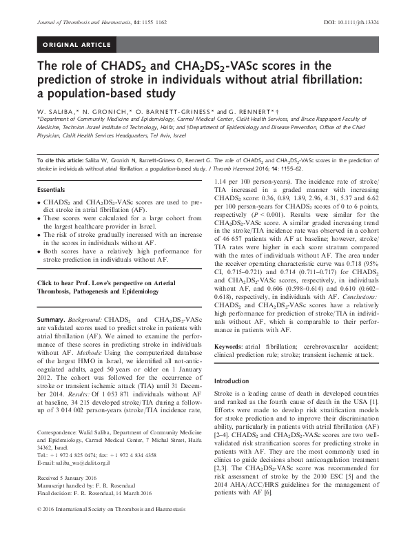 (PDF) The role of CHADS2 and CHA2DS2‐VASc scores in the prediction of ...