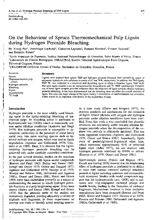 (PDF) On the Behaviour of Spruce Thermomechanical Pulp Lignin during ...