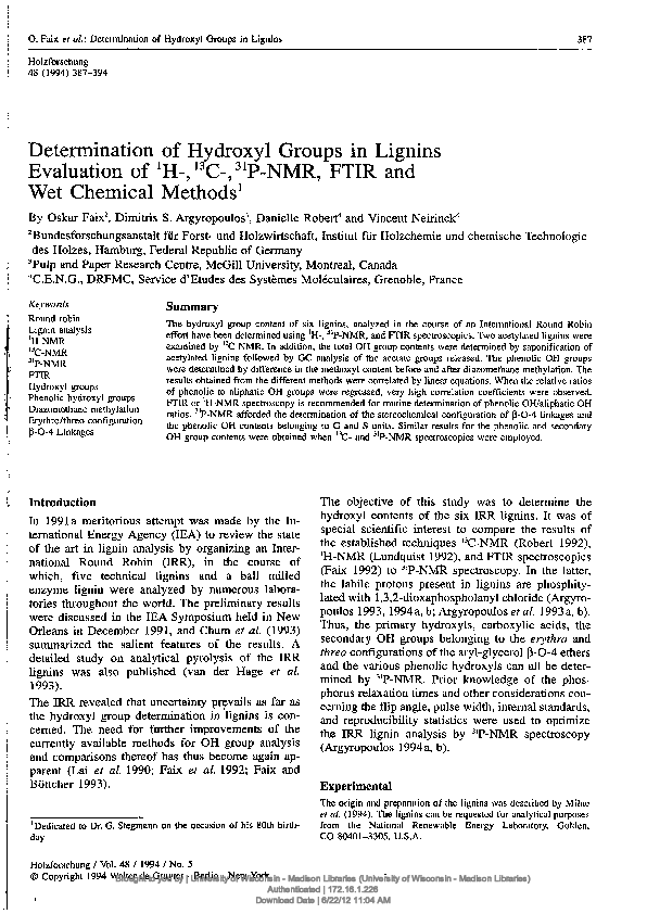 (PDF) Determination of Hydroxyl Groups in Lignins Evaluation of 1H ...