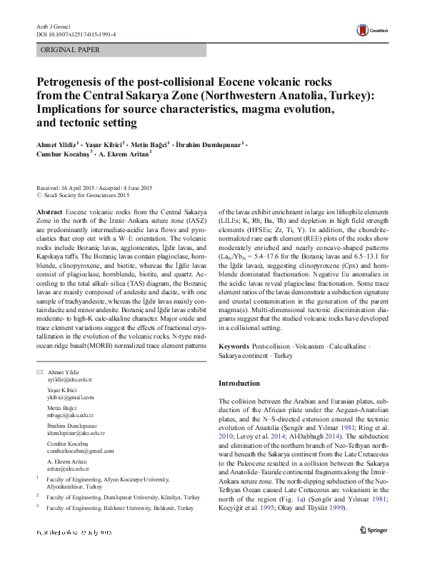 (PDF) Petrogenesis of the post-collisional Eocene volcanic rocks from the Central Sakarya Zone ...