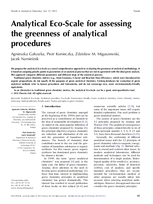 (PDF) Analytical Eco-Scale for assessing the greenness of analytical ... (PDF) Analytical Eco-Scale for assessing the greenness of analytical ...
