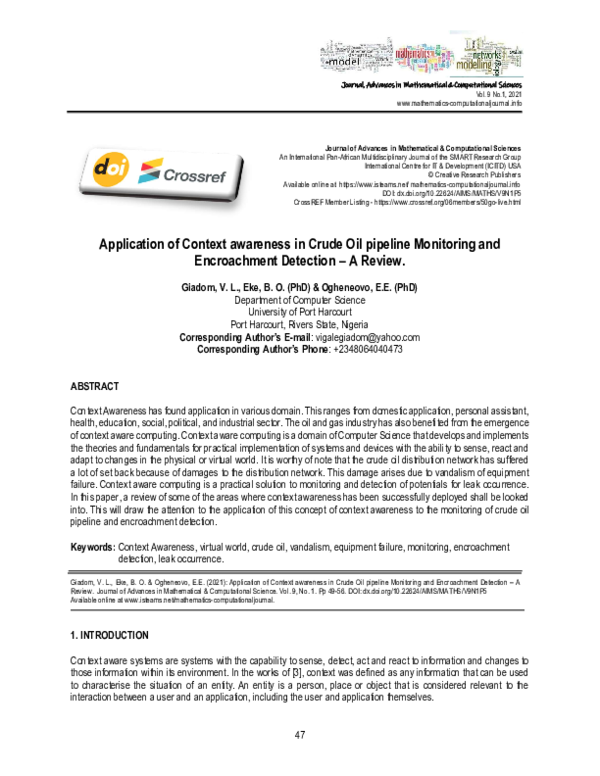 (PDF) Application of Context awareness in Crude Oil pipeline Monitoring and Encroachment ...