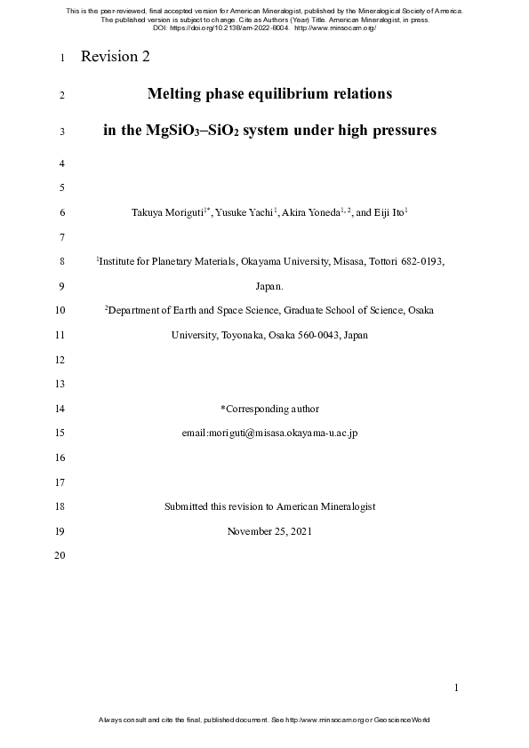 (PDF) Melting phase equilibrium relations in the MgSiO3–SiO2 system under high pressures