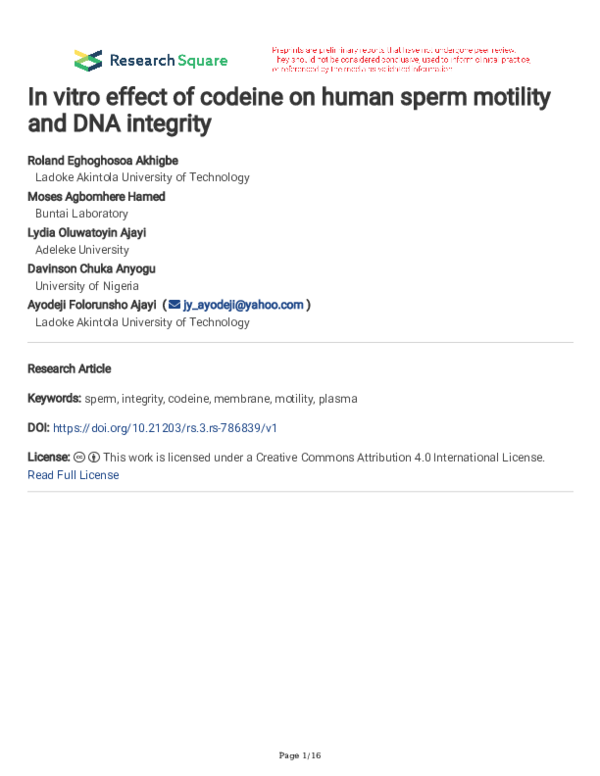 (PDF) In vitro effect of codeine on human sperm motility and DNA integrity
