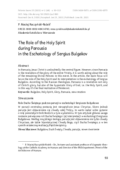 (PDF) The Role of the Holy Spirit during Parousia in the Eschatology of ...