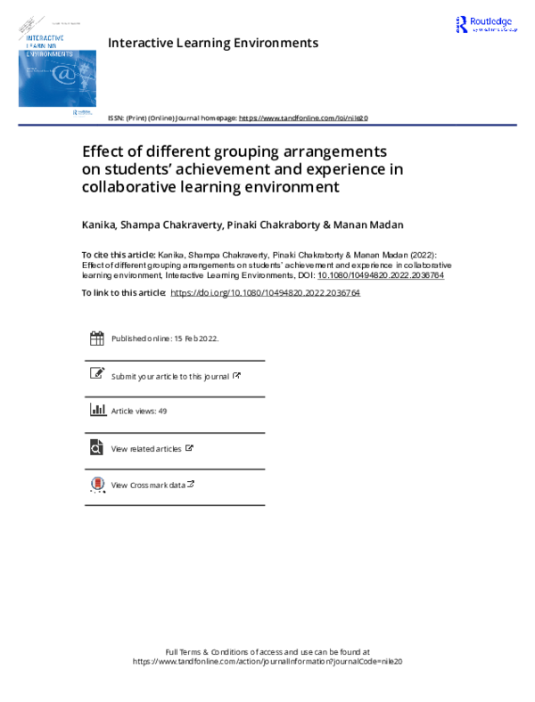 (PDF) Effect of different grouping arrangements on students’ achievement and experience in ...