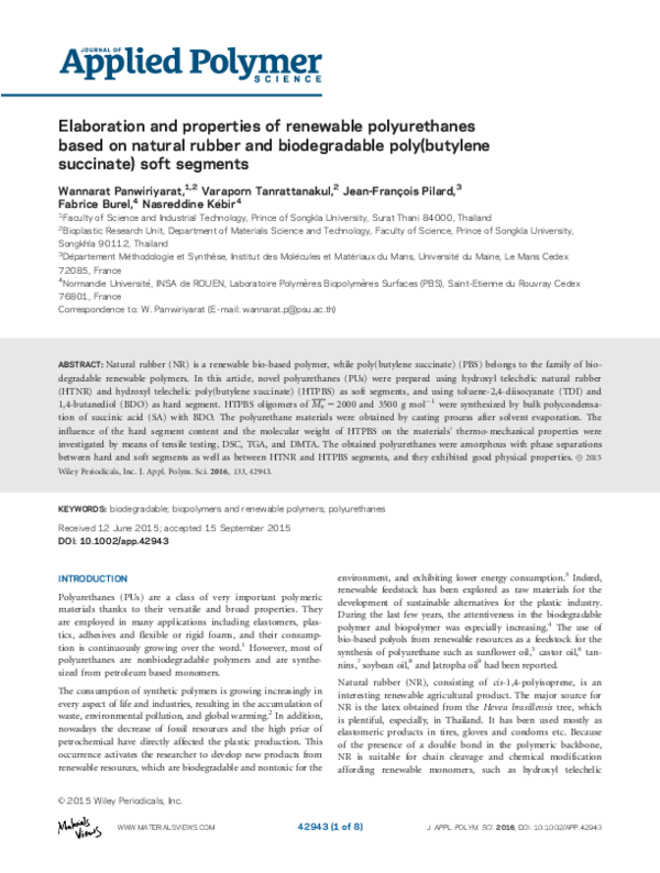 (PDF) Elaboration and properties of renewable polyurethanes based on ...