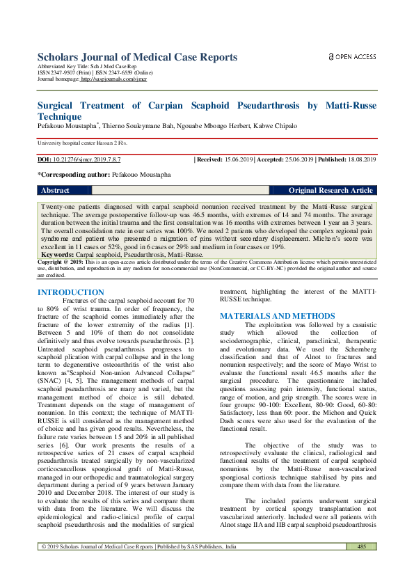 (PDF) Surgical Treatment of Carpian Scaphoid Pseudarthrosis by Matti ...