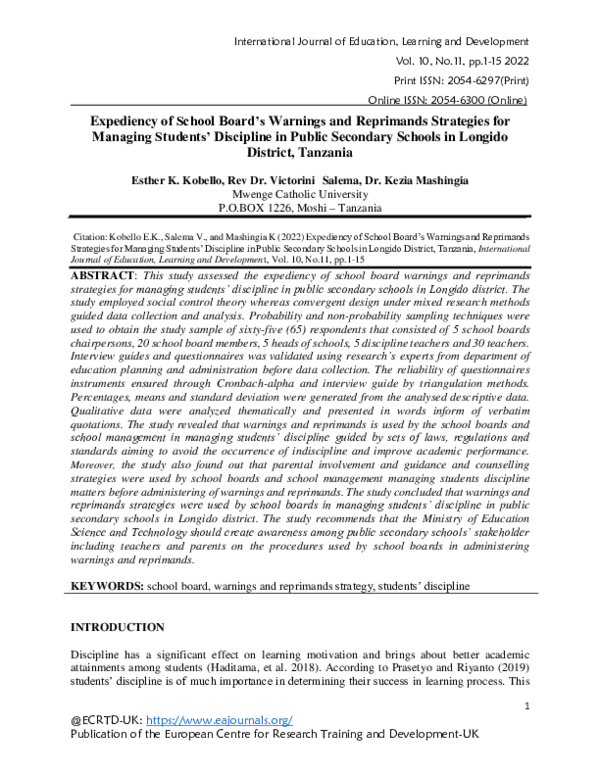 (PDF) Expediency of School Board’s Warnings and Reprimands Strategies ...