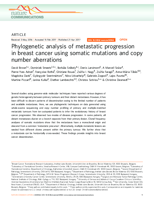 Pdf Phylogenetic Analysis Of Metastatic Progression In Breast Cancer