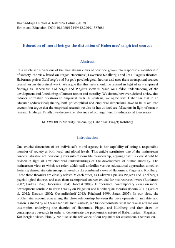 (PDF) Education of moral beings: the distortion of Habermas’ empirical ...