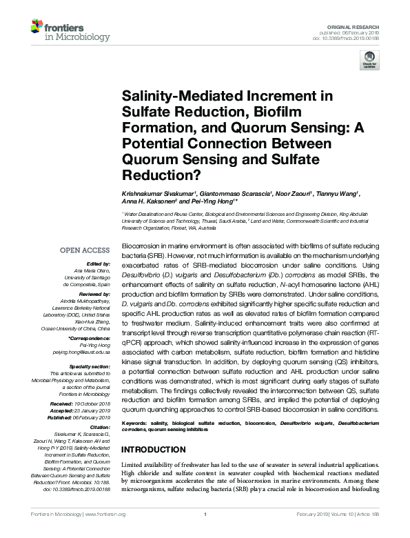 (PDF) Salinity-Mediated Increment in Sulfate Reduction, Biofilm Formation, and Quorum Sensing: A ...