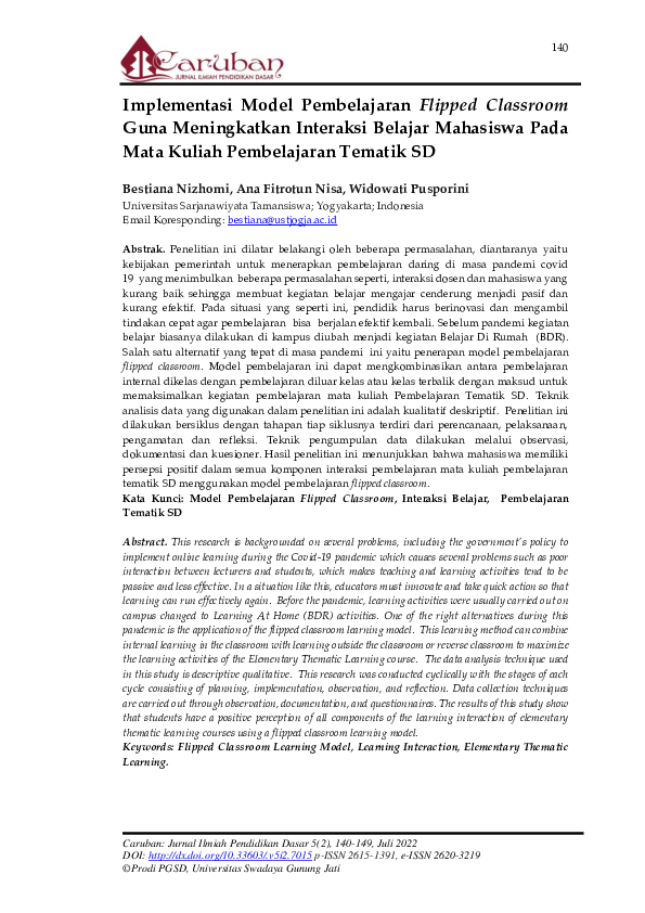 (PDF) Implementasi Model Pembelajaran Flipped Classroom Guna Meningkatkan Interaksi Belajar ...