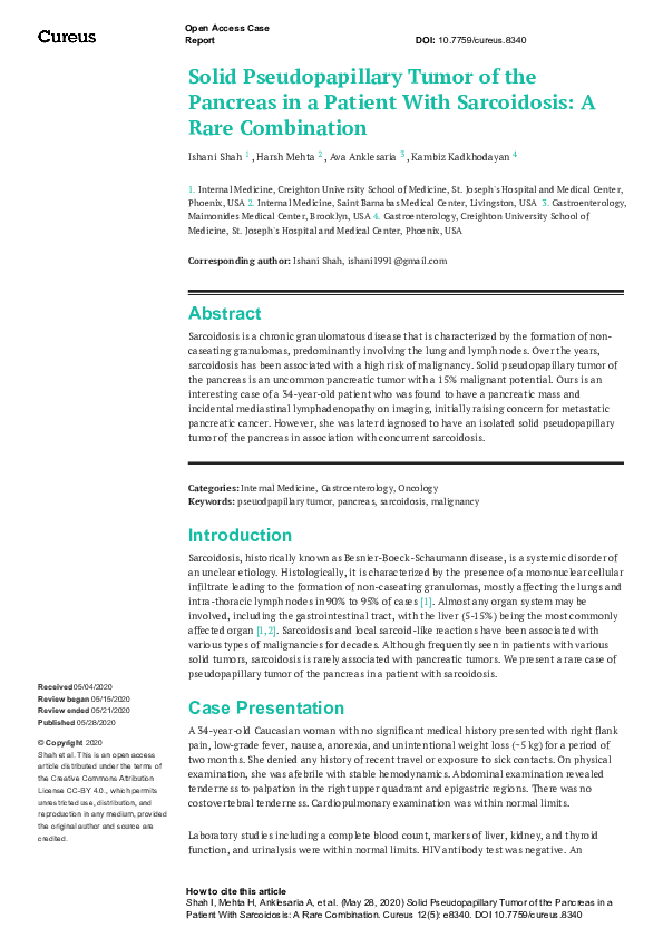 (PDF) Solid Pseudopapillary Tumor of the Pancreas in a Patient With Sarcoidosis: A Rare ...