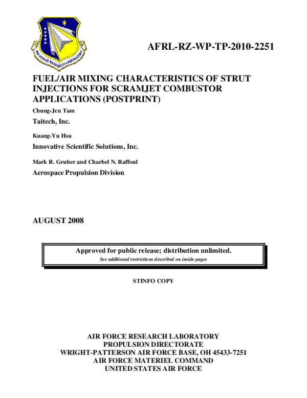 (PDF) Fuel/Air Mixing Characteristics of Strut Injections for Scramjet ...