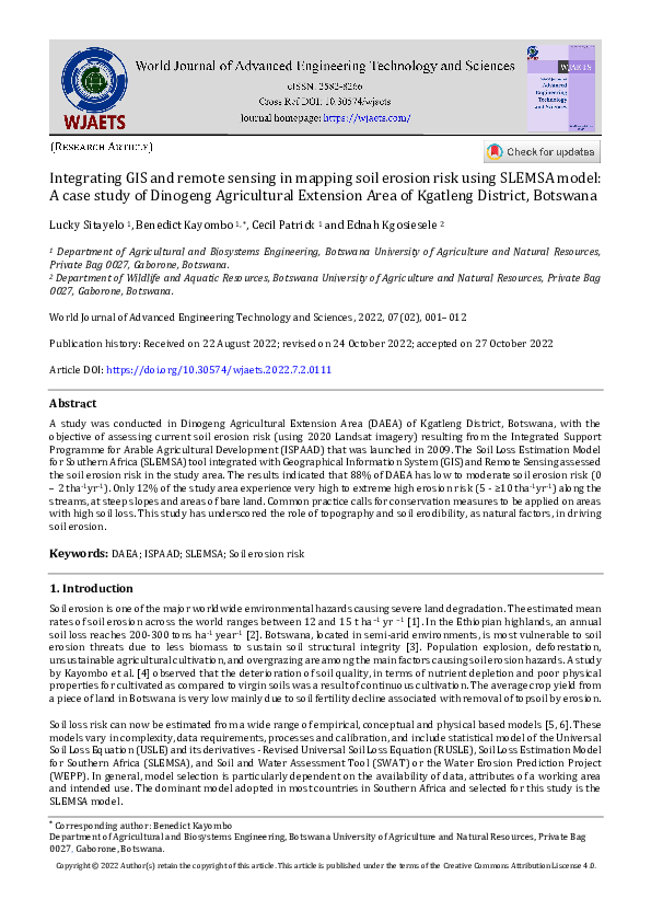 (PDF) Integrating GIS and remote sensing in mapping soil erosion risk using SLEMSA model: A case ...