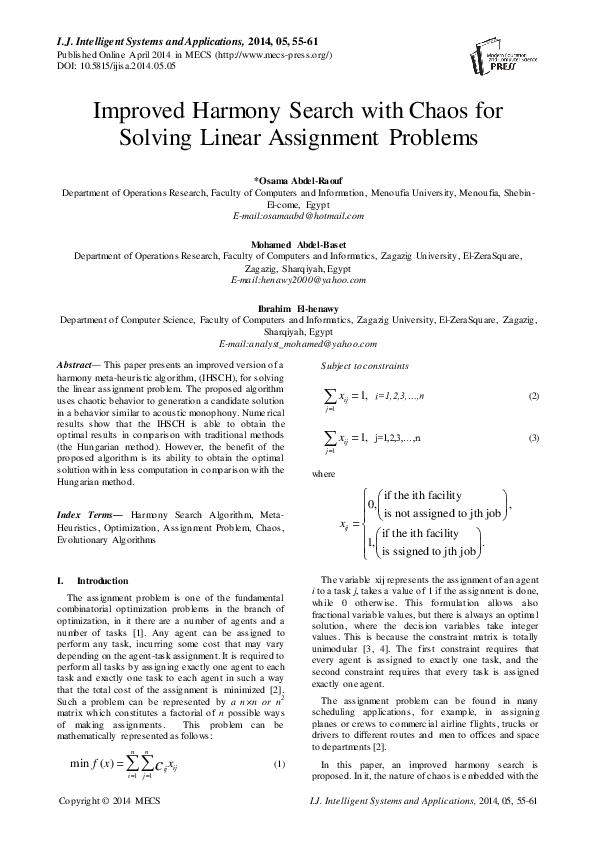 (PDF) Improved Harmony Search with Chaos for Solving Linear Assignment Problems | Osama ...