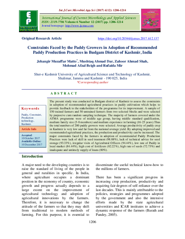 (PDF) Constraints Faced by the Paddy Growers in Adoption of Recommended Paddy Production ...