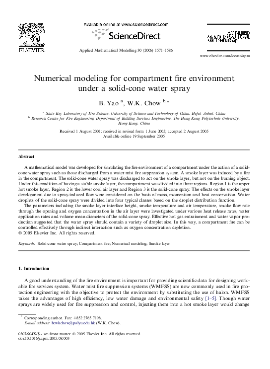 (PDF) Numerical modeling for compartment fire environment under a solid-cone water spray