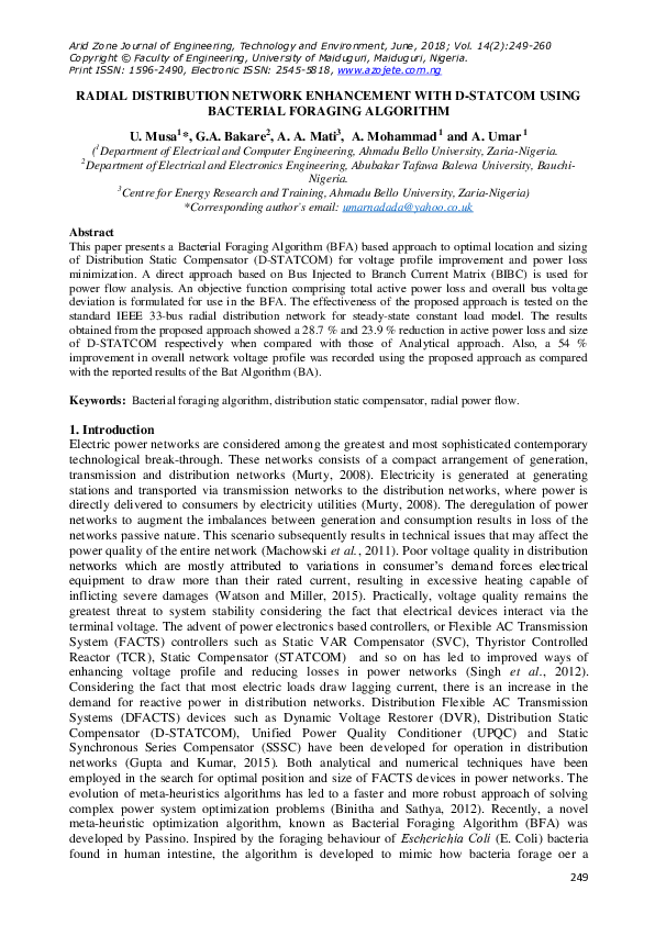 Pdf Radial Distribution Network Enhancement With D Statcom Using Bacterial Foraging Algorithm