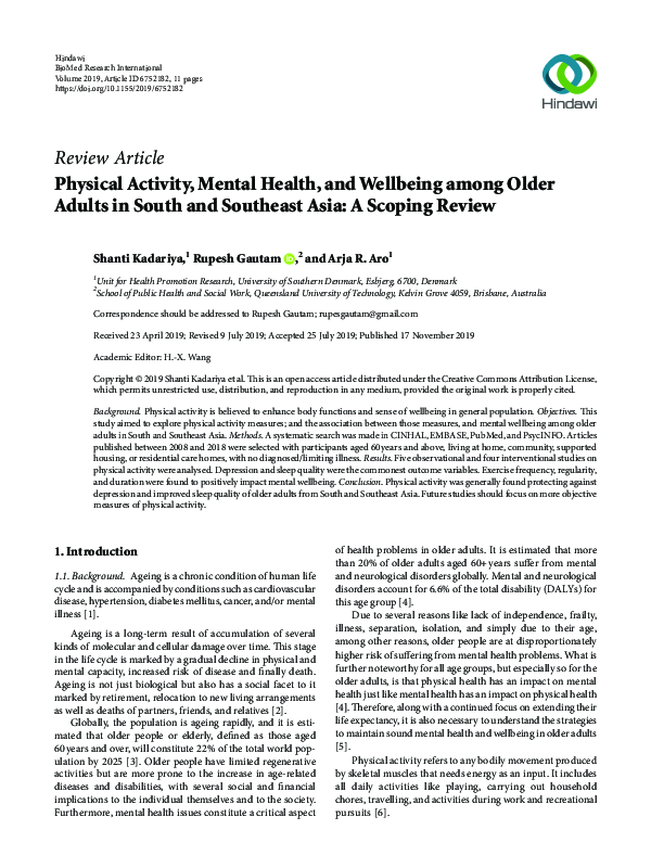 (PDF) Physical Activity, Mental Health, and Wellbeing among Older Adults in South and Southeast ...