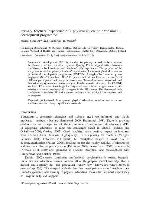 (PDF) Primary teachers’ experience of a physical education professional ...