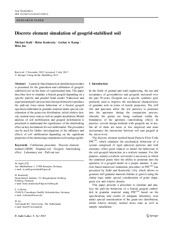 (PDF) Discrete element simulation of geogrid-stabilised soil