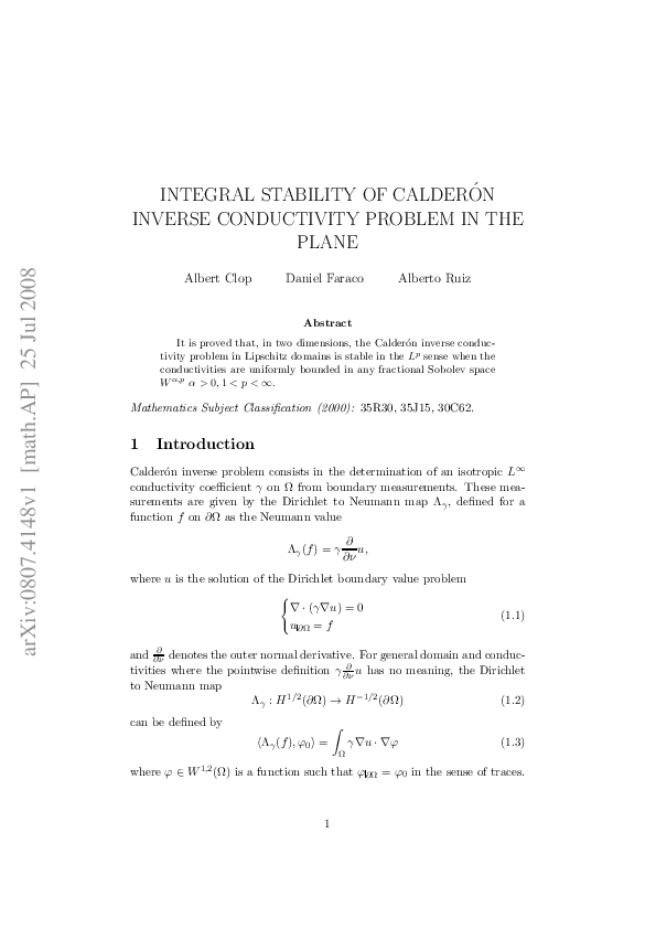 (PDF) Integral stability of Calder\'on inverse conductivity problem in the plane | A. González ...