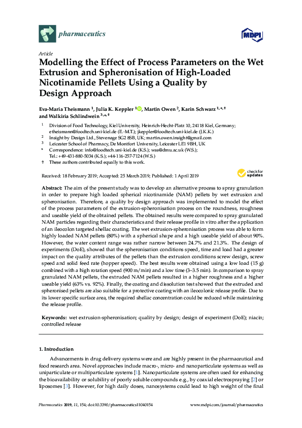(PDF) Modelling the Effect of Process Parameters on the Wet Extrusion and Spheronisation of High ...