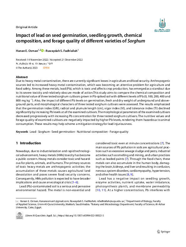 (PDF) Impact of lead on seed germination, seedling growth, chemical composition, and forage ...
