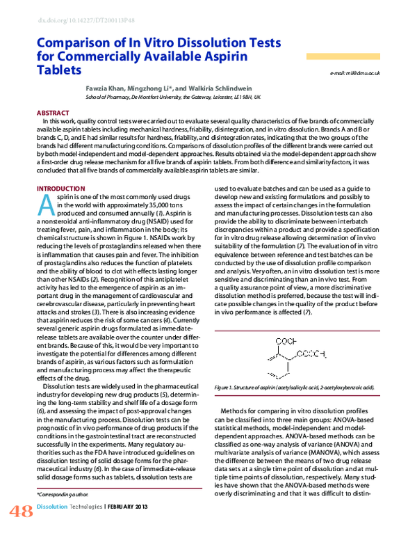 Pdf Comparison Of In Vitro Dissolution Tests For Commercially Available Aspirin Tablets
