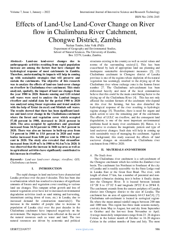 (PDF) Effects of Land-Use Land-Cover Change on River flow in Chalimbana River Catchment, Chongwe ...