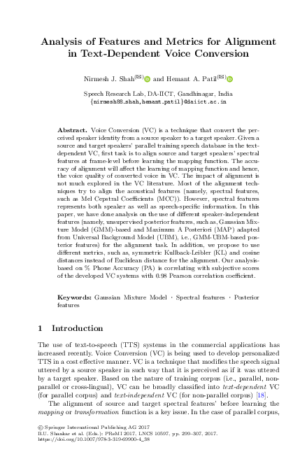 (PDF) Analysis of Features and Metrics for Alignment in Text-Dependent Voice Conversion